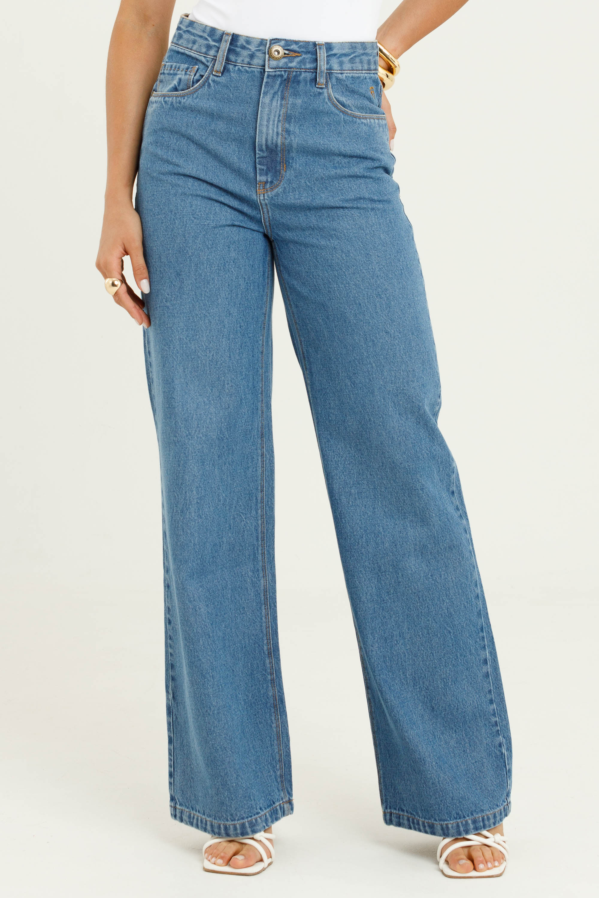 Calça Feminina Wide Leg Cintura Alta Indigo Médio | ROCKSHAM