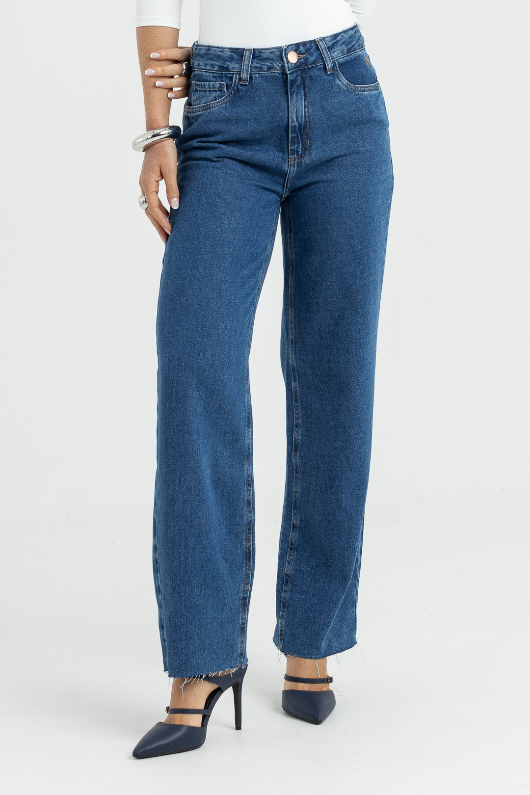 Calça Feminina Reta Cintura Alta Cropped à Fio Indigo Escuro | ROCKSHAM